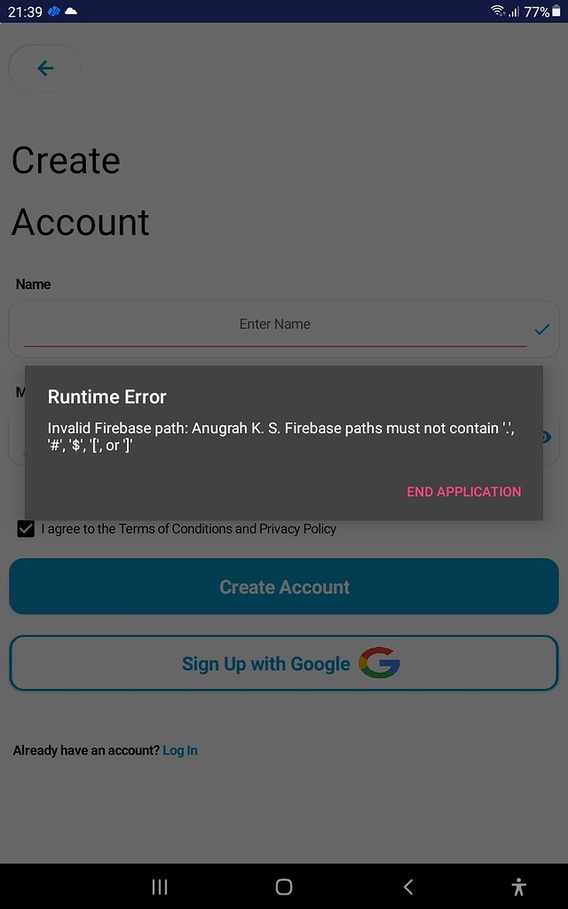 Invalid Firebase path: Anugrah K.S. Firebase paths must not contain ...