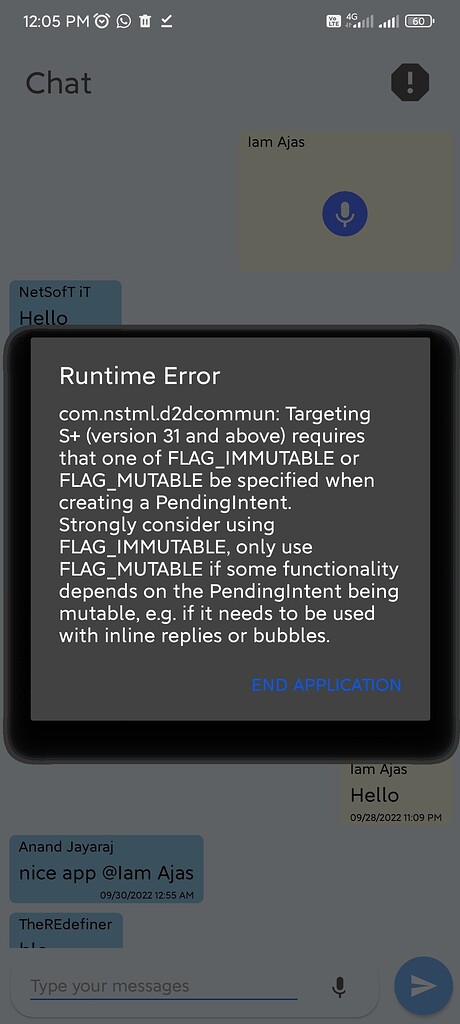 Runtime Error . FLAG_IMMUTABLE required, notification component - Bugs - Kodular Community