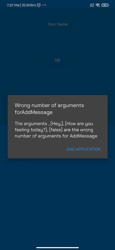 Wrong number of arguments for AddMessage - Discuss - Kodular Community