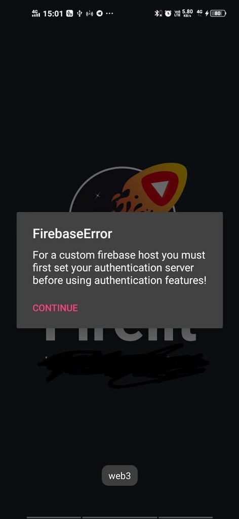 Firebase error : for a custom firebase host you must first set your authentication server ...
