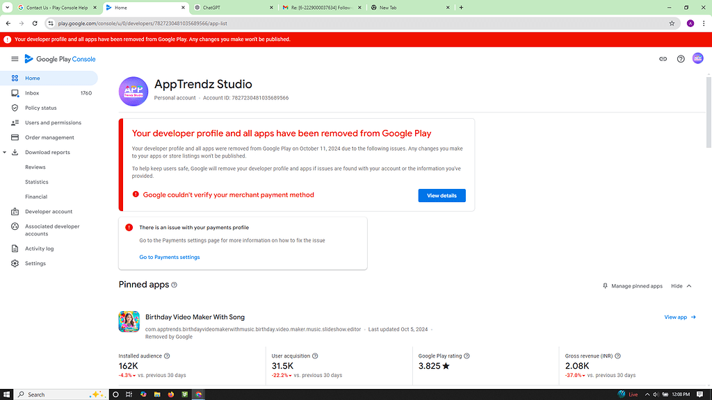 Your developer profile and all apps have been removed from Google Play.anyone please solve this ...