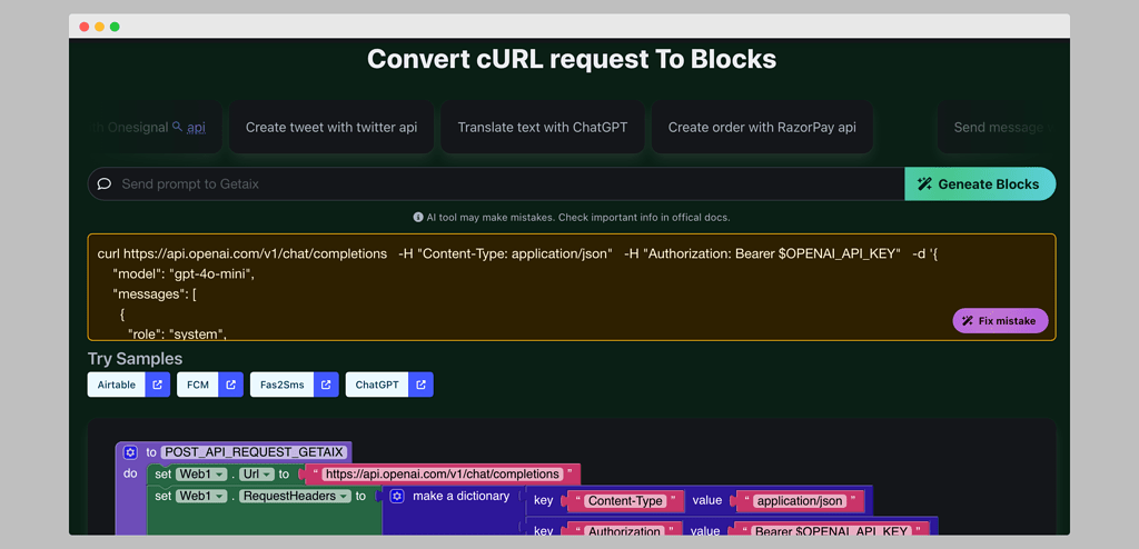Convert cURL & REST API to Blocks with AI | Getaix | curl to blocks ...