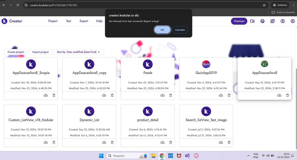 There is a problem, when I try to open my project in Kodular it gives me this error: an internal ...