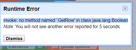 Invoke: no method named `GetRow' in class java.lang.Boolean - Discuss ...