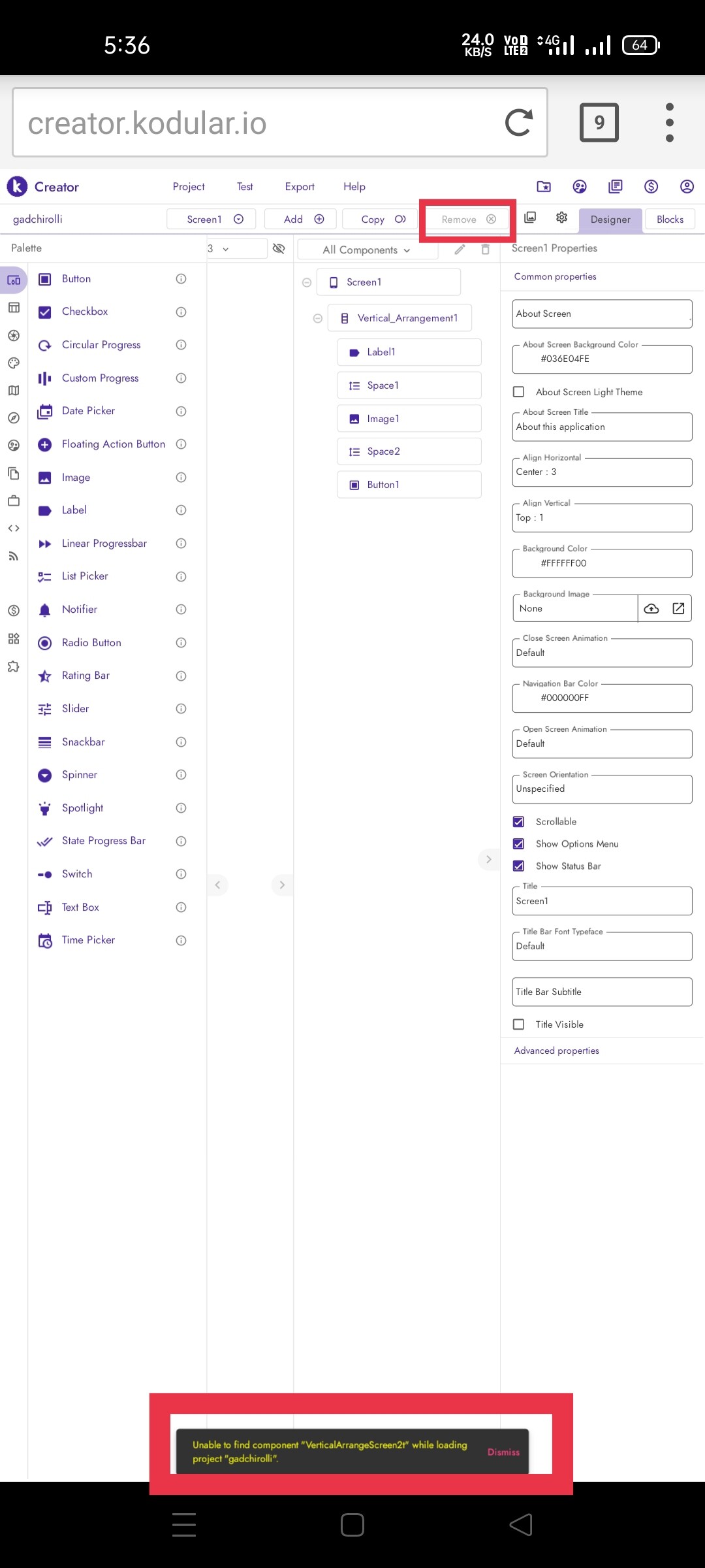 Unable to find component "VerticalArrangeScreen21" while loading project - Discuss - Kodular ...