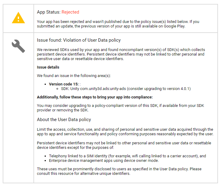 Today my App is Rejected due to SDK: Unity com.unity3d.ads:unity-ads (consider upgrading to ...