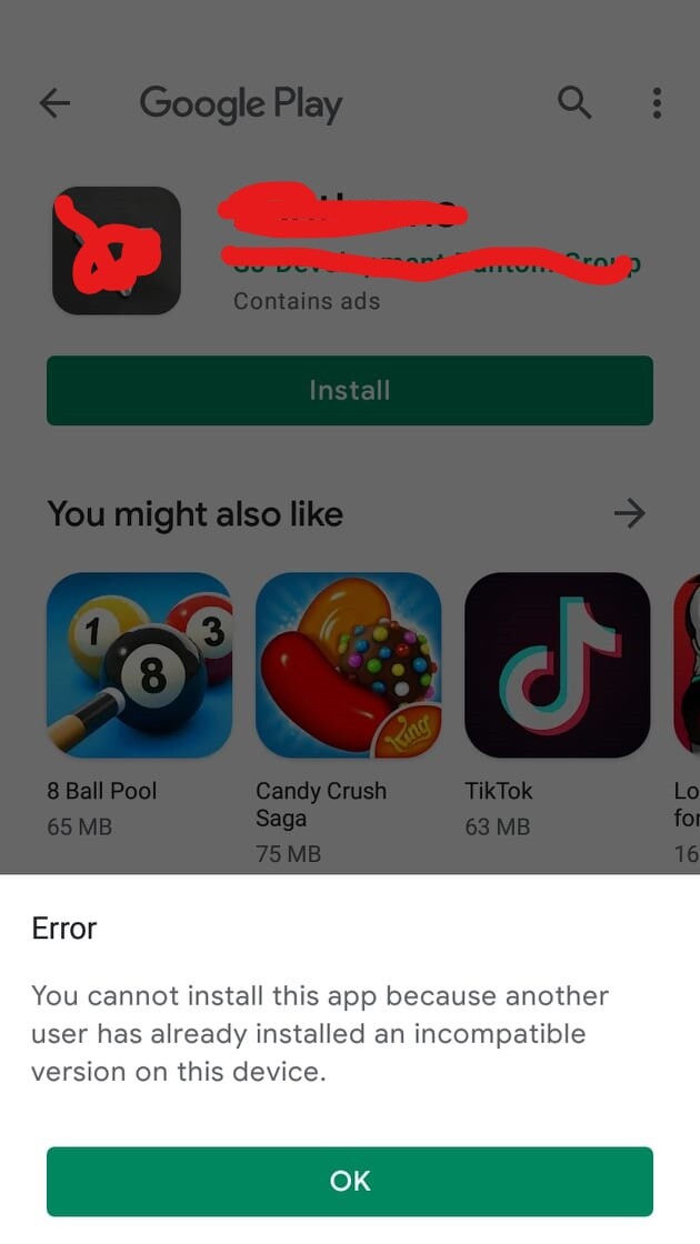 You cannot install this app because another user has already installed an incompatible version ...
