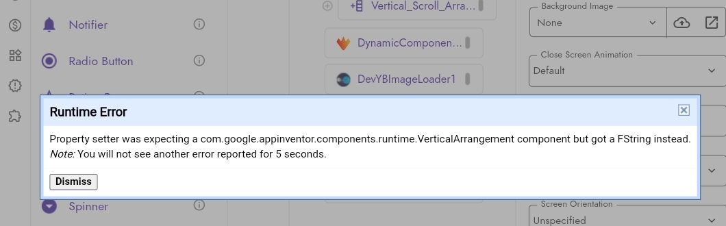 Runtime Error Property setter was expecting a com.google.appinventor.components.runtime ...