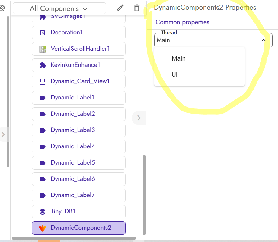 What is the meaning of thread UI and MAIN in dynamic components please ...