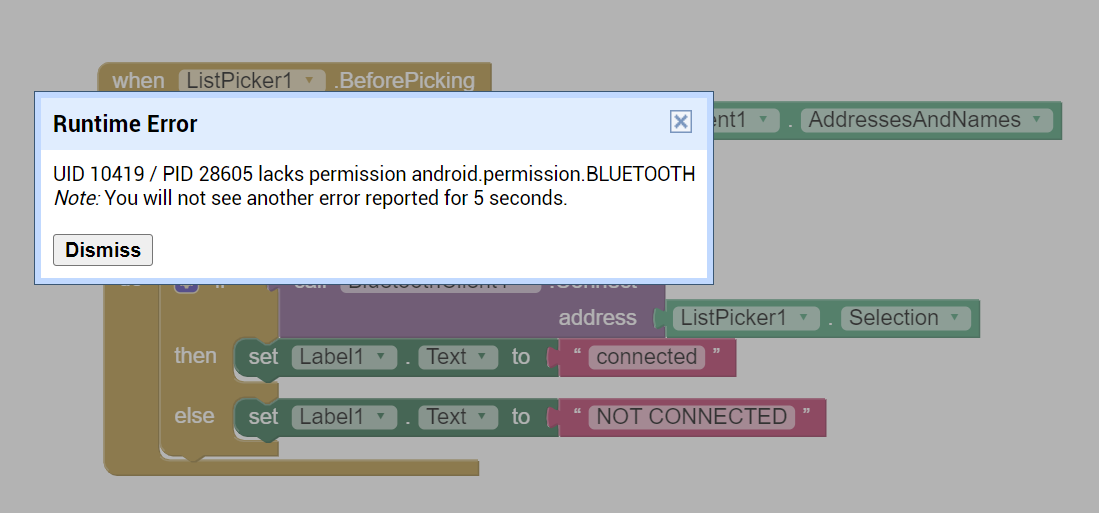Runtime Error need android.BLUETOOTH_CONNECT permission - Bugs - Kodular Community