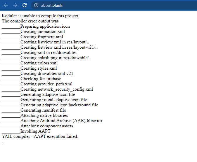 YAIL compiler - AAPT execution failed - Koded Apps - Kodular Community