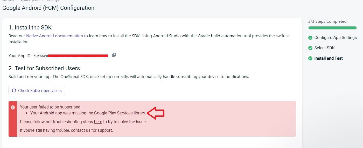I have problem in onesignal " Your Android app was missing the Google Play Services library ...
