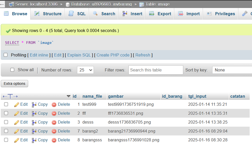 Why is the input id_barang and catatan not entered in the following MySQL database table ...